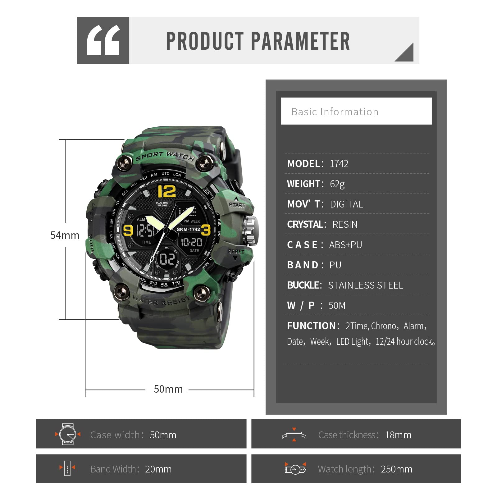 Dayllon Mens Digital Sports Watch 50M Waterproof Military Backlight Stopwatch Countdown Watches 1742 Green
