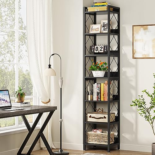 LITTLE TREE 7-Tier Narrow Bookshelf, 78.7-Inch Extra Tall Skinny Bookcase for Small Spaces, Freestanding Display Shelves, Multifunctional Corner Storage Organizer Unit for Home Office, Black
