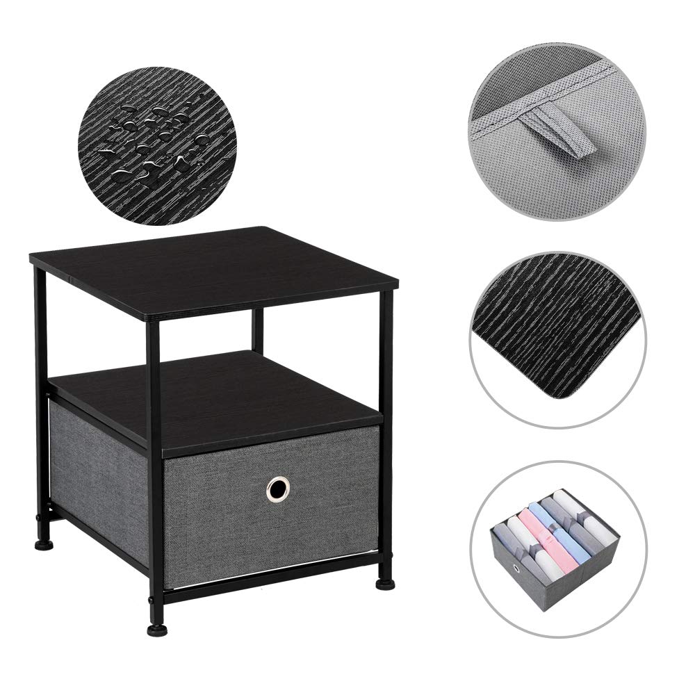 DESIGNSCAPE3D Nightstand with Drawer, Bedside Furniture & Accent End Table for Home, Bedroom, Office, College Dorm, Steel Frame, Wood Top, Easy Pull Fabric Bins, Grey