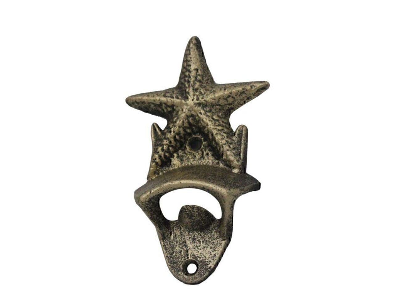 Hampton Nautical Rustic Gold Cast Iron Wall Mounted Starfish Bottle Opener 6" - Starfish Decoration - Starfish Wall Decor