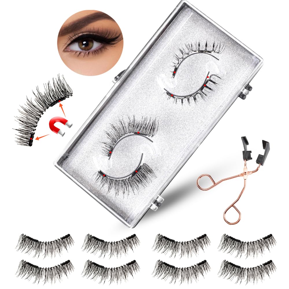 Dual Magnetic Eyelashes NO Eyeliner or Glue Needed,Magnetic False Eyelashes 3D Natural Look ,Fake Eyelashes Easy to Wear and Reusable 2 Pairs Pack with Tweezers
