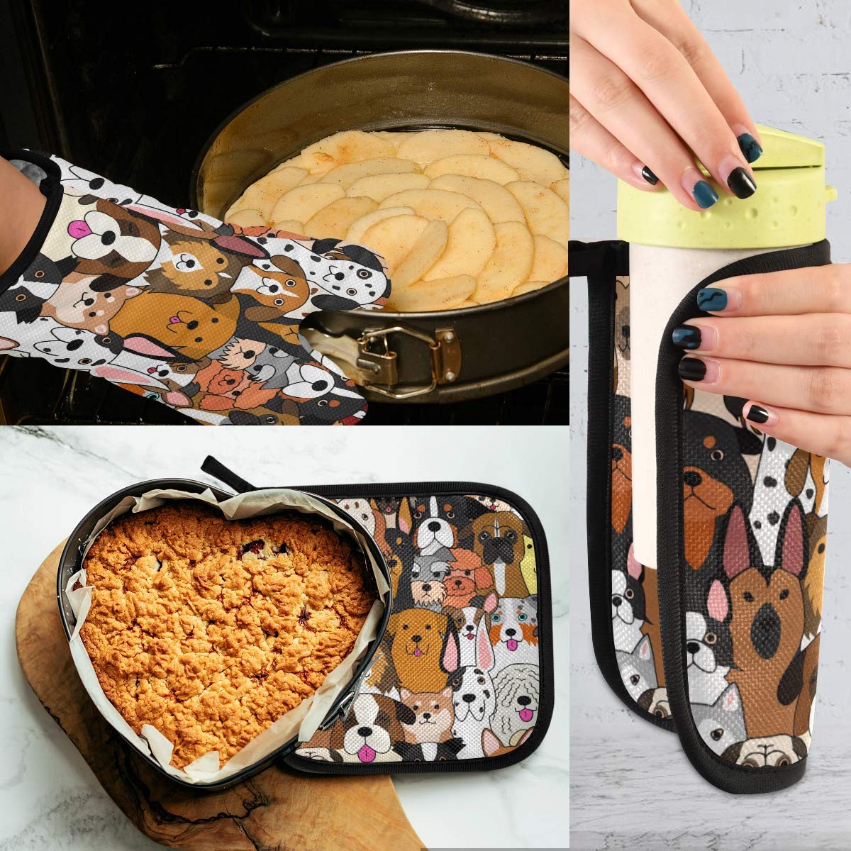 Cute Doodle Dog Print Animal Oven Mitts and Pot Holders Sets Heat Resistant Kitchen Oven Gloves Potholder for Cooking Baking Grill