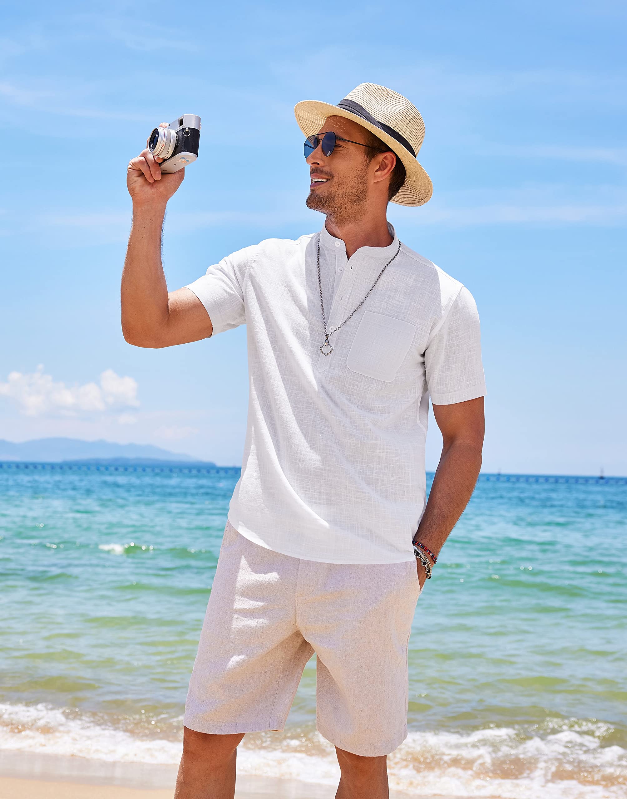 COOFANDY Men's Cotton Linen Henley Shirt Short Sleeve Hippie Casual Beach T Shirts with Pocket