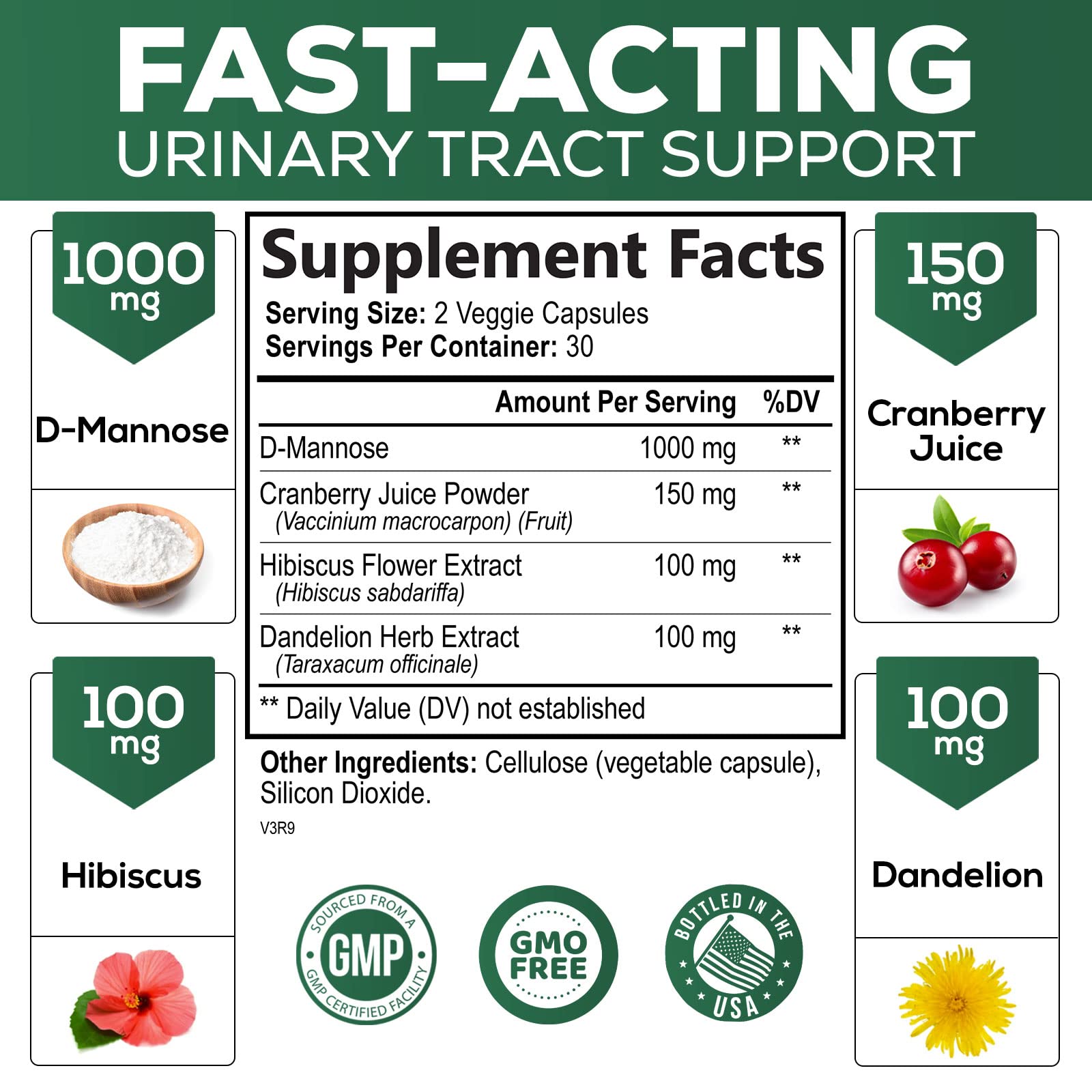 D-Mannose & Cranberry Extract 1350mg Advanced Formula, Fast-Acting Natural Urinary Tract Health Support for Women & Men, Flush Impurities in Urinary Tract & Bladder, Non-GMO, Vegan - 60 Capsules