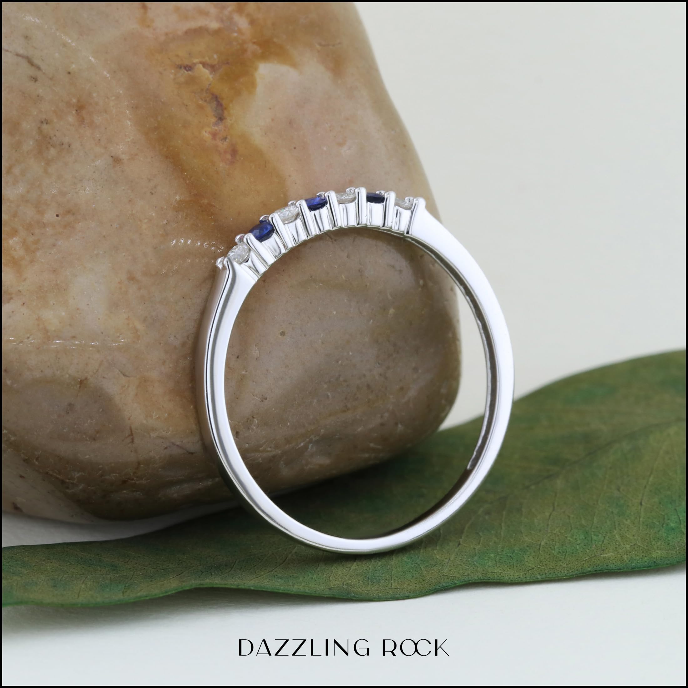 Dazzlingrock Collection 14K Round Blue Sapphire And White Diamond 7 Stone Bridal Wedding Band, White Gold, Size 10