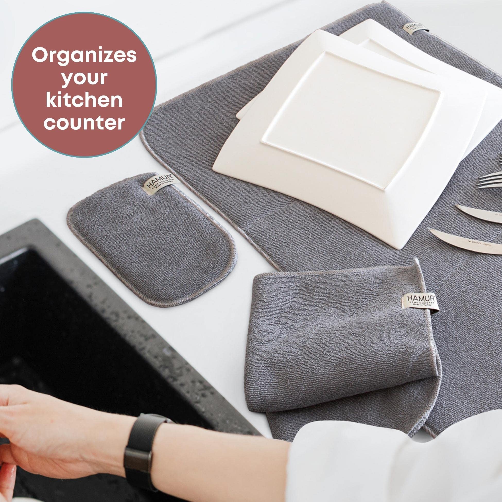 HAMUR Kitchen Dish Drying Mat 3-Set, Super Absorbent Drainer Mats for Kitchen Counter, Multiuse Draining dishes Pad with cleaning rug & dish sponge, under dish rack & sink pad