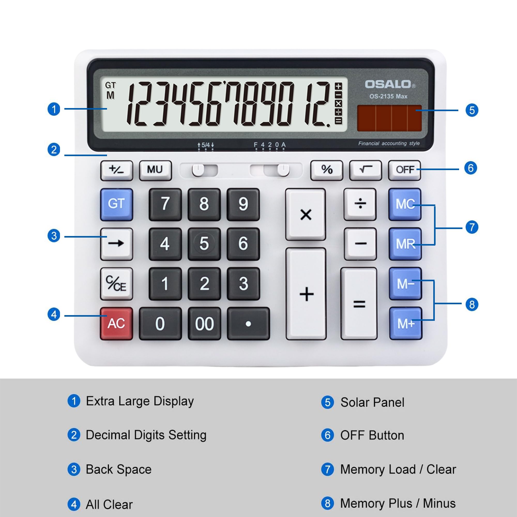 Desktop Calculator Extra Large LCD Display 12-Digit Big Number Accounting Calculator with Giant Response Button, Battery & Solar Powered, Perfect for Office Business Home Daily Use(OS-2135)