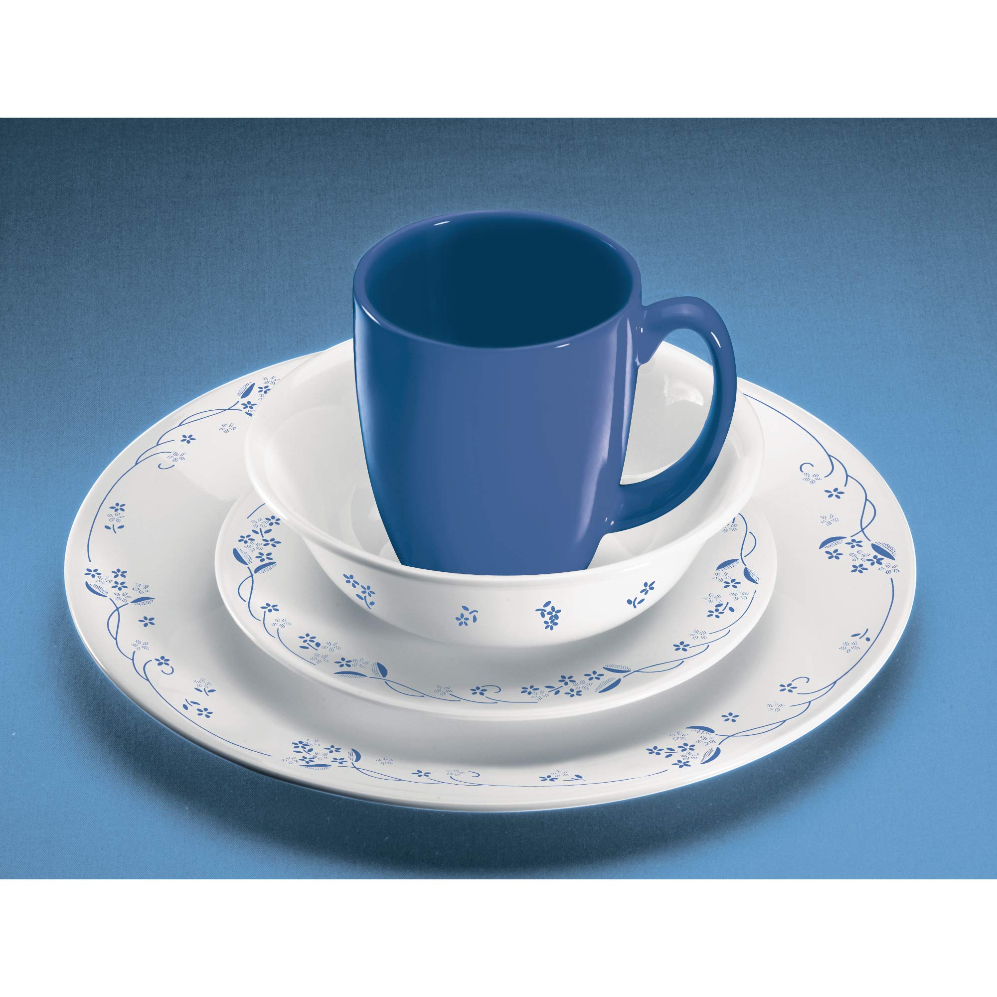 Corelle 16-Piece Vitrelle Glass Provincial Blue Chip and Break Resistant Dinner Set, Service for 4, Blue