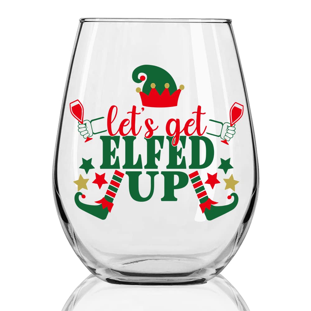 DYJYBMY Let's Get Elfed Up Christmas Wine Glass, Christmas New Year Gifts for Women, Funny Christmas Themed Wine Glass for Holiday Party Decorative, Gift Idea for Christmas Wedding Party