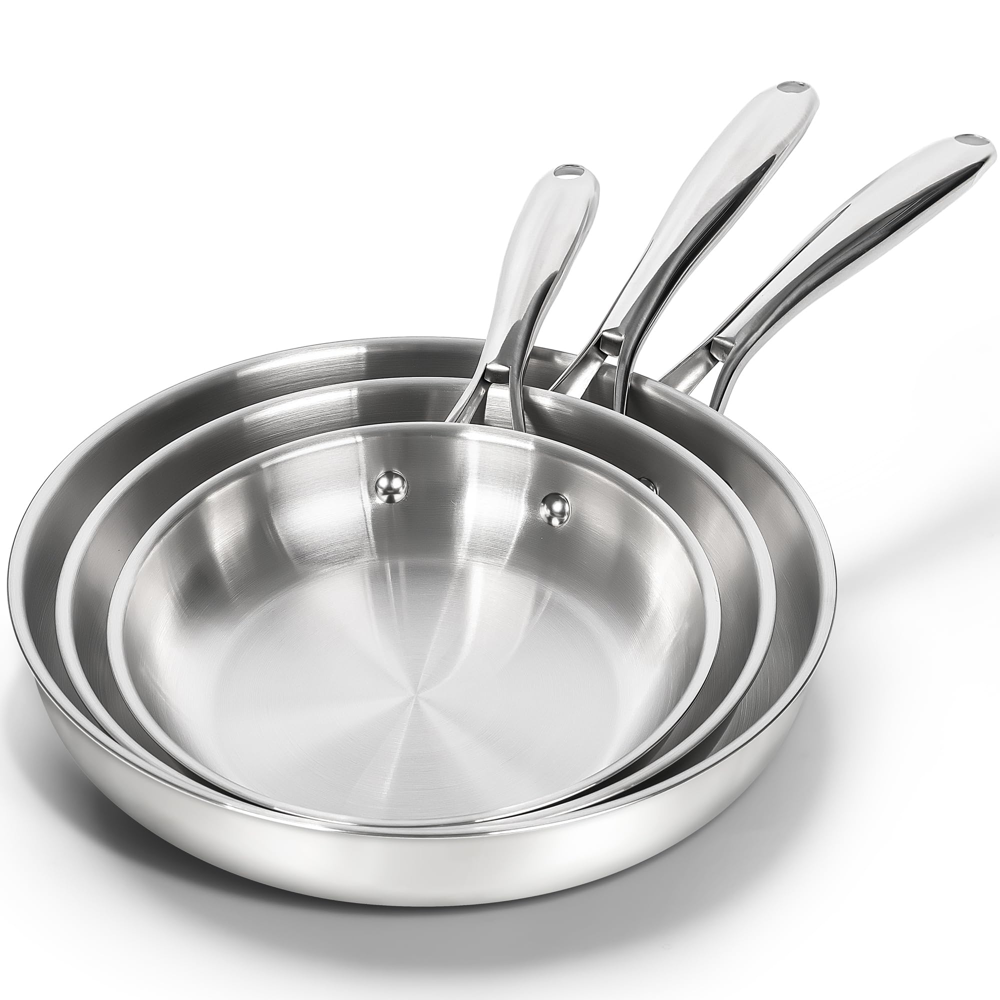 MICHELANGELO Stainless Steel Frying Pan Set, 8" / 9.5" / 11" Cooking Pans, Triply Base Stainless Steel Pan Set with Ergonomic Handle, Induction Compatible