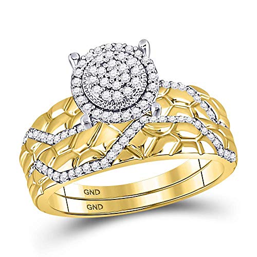 Diamond Trio Set Solid 10k Yellow Gold His Hers Matching Wedding Bands Bridal Engagement Ring 3/8 Ctw. (.40 Ctw.) - Size 7 - SKU#2052