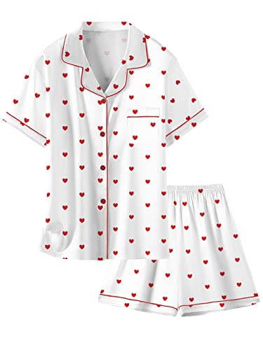 Satin Pajamas for Womens, Silk Pajamas 2 Pcs Button Down Sleepwear Short Sleeve Loungewear Outfit for Womens, D White Heart, US S