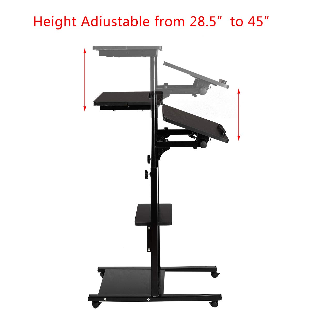 DOEWORKS Mobile Stand Up Desk, Height Adjustable Computer Work Station with Wheels, Rolling Presentation, Rolling Desk Laptop Cart for Standing or Sitting, Portable Laptop Stand Tall Table, Black