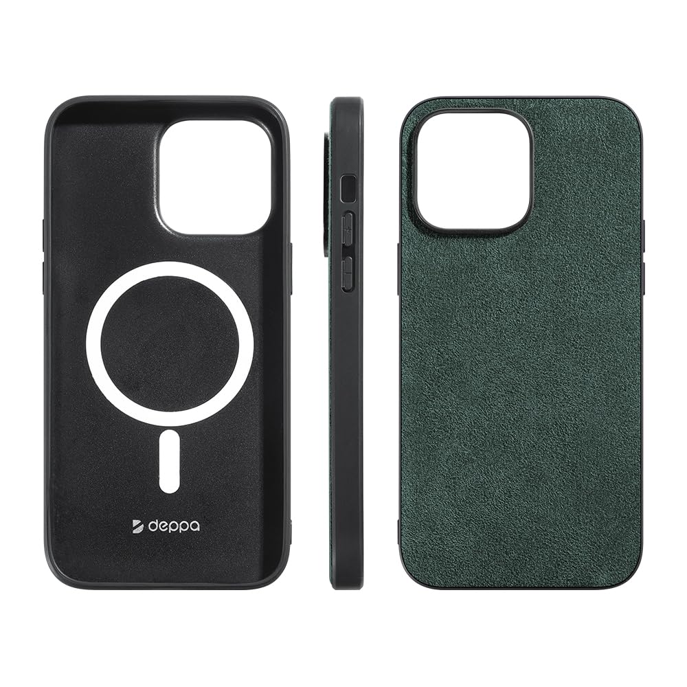 Deppa Alcantara case for iPhone 12 Pro Max (6.7') Shockproof Slim Magnetic Cover with Magsafe Wireless Charging [Genuine Italian Alcantara] Enhanced Camera Protection| (Emerald Green-9073)