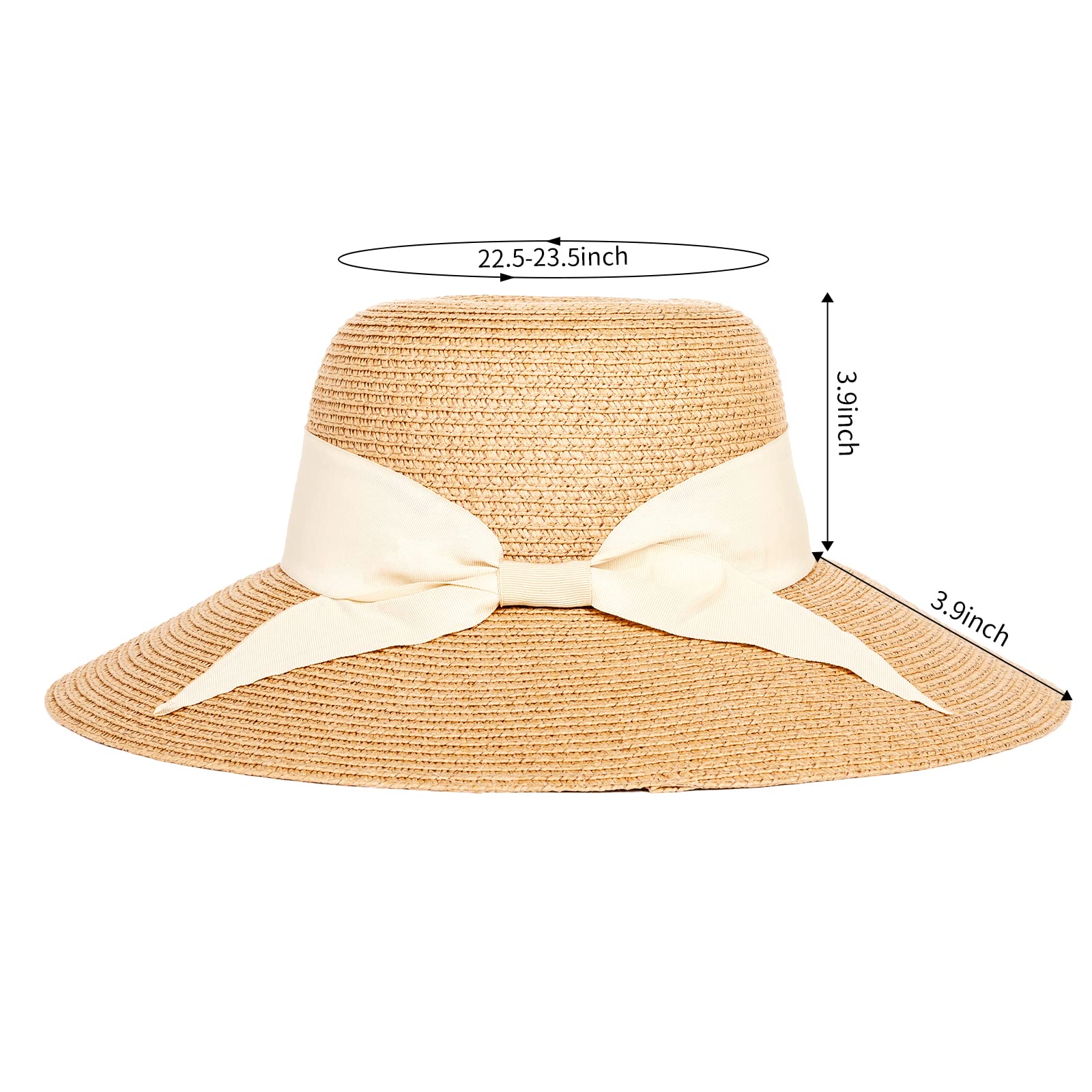Fablepeach Womens Beach Straw Panama Hat Wide Brim Foldable Fedora Sun Hats for Women UV UPF 50+, Beige