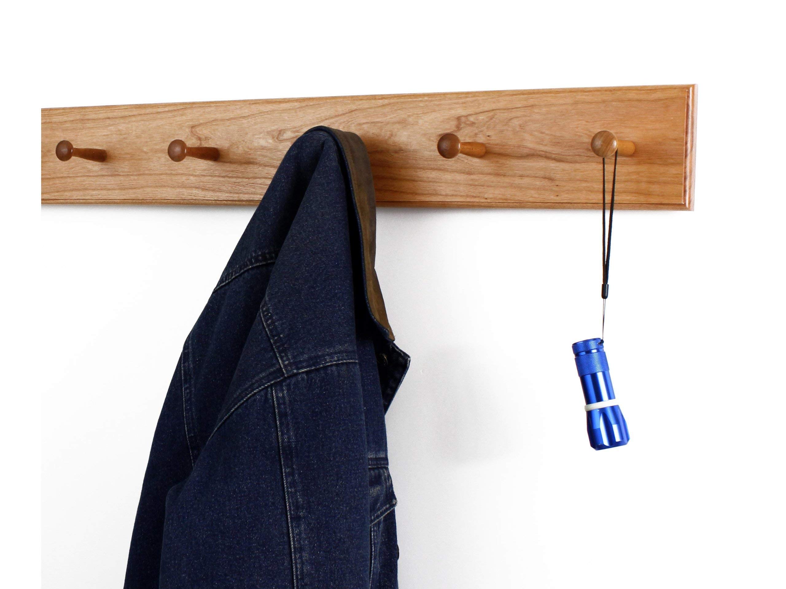 Solid Cherry Shaker Peg Rack 3.5" or 4.5" Extra Wide 23 to 59 Inches Long With 3 to 10 Pegs - 100% Made in the USA