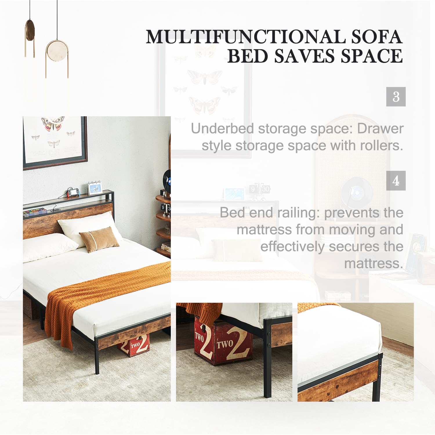 Ljirnt Queen Size Bed Frame, Platform Bed Frame with 2-Tier Storage Headboard and Power Outlets, USB Ports Charging Station, Easy Assembly, No Box Spring Needed (Brown)