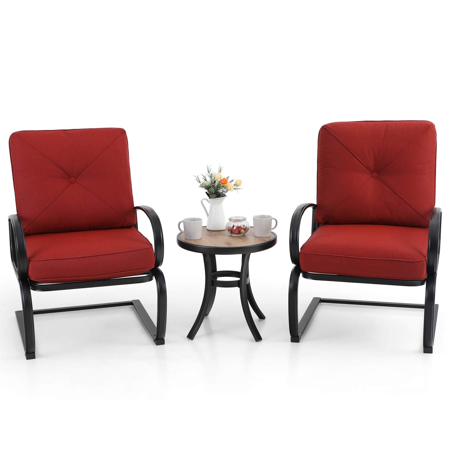 PHI VILLA Outdoor Patio Dining Set of 3, Heavy Duty Spring Dining Chairs and Round Table Bistro Furniture Set with Movable Red Cushioned Seats for Garden & Lawn