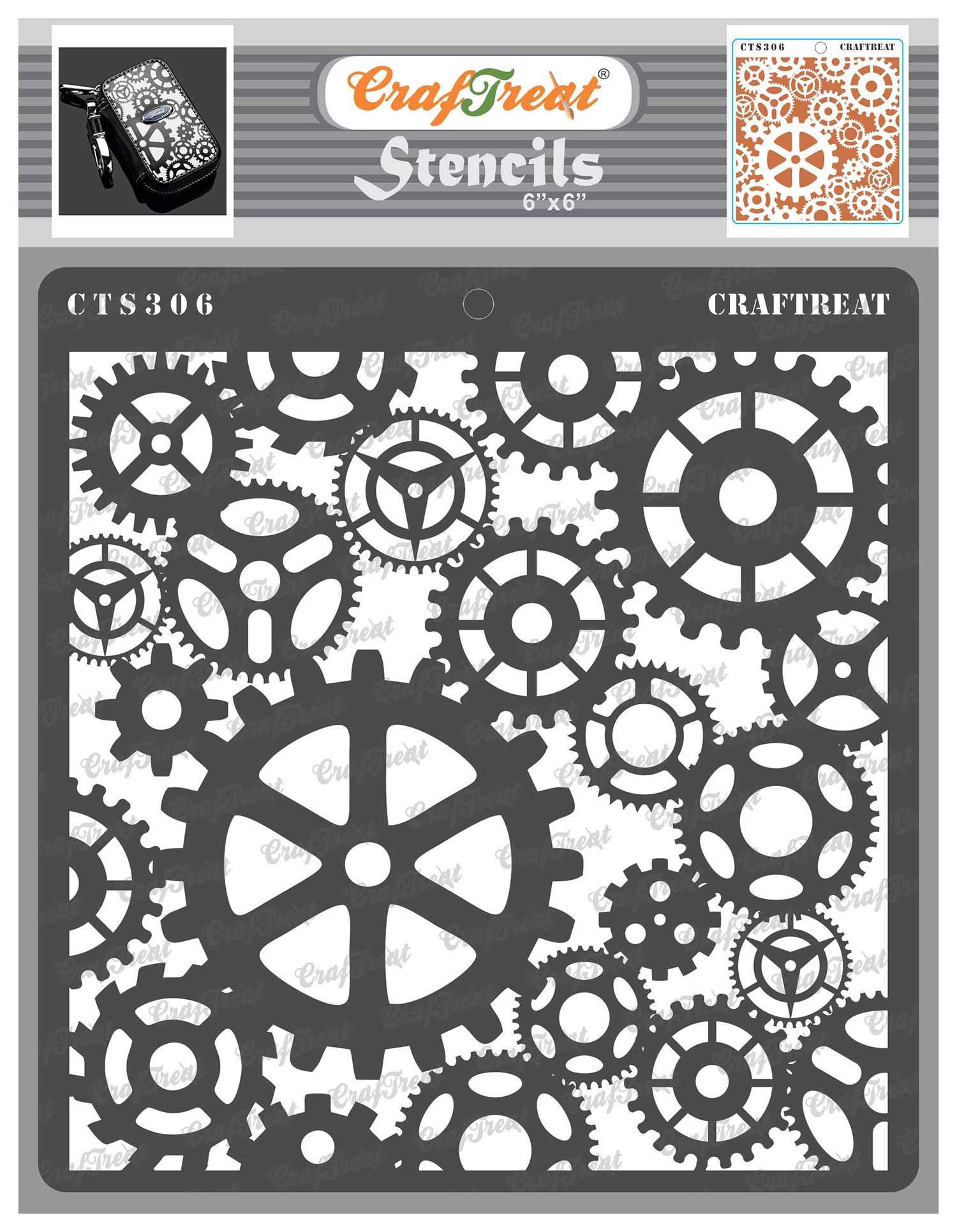 CrafTreat Steampunk Stencils for Painting on Wood, Canvas, Paper, Fabric, Floor, Wall and Tile - Gears Stencil - 6x6 Inches - Reusable DIY Art and Craft Stencils - Clock Gear Stencil