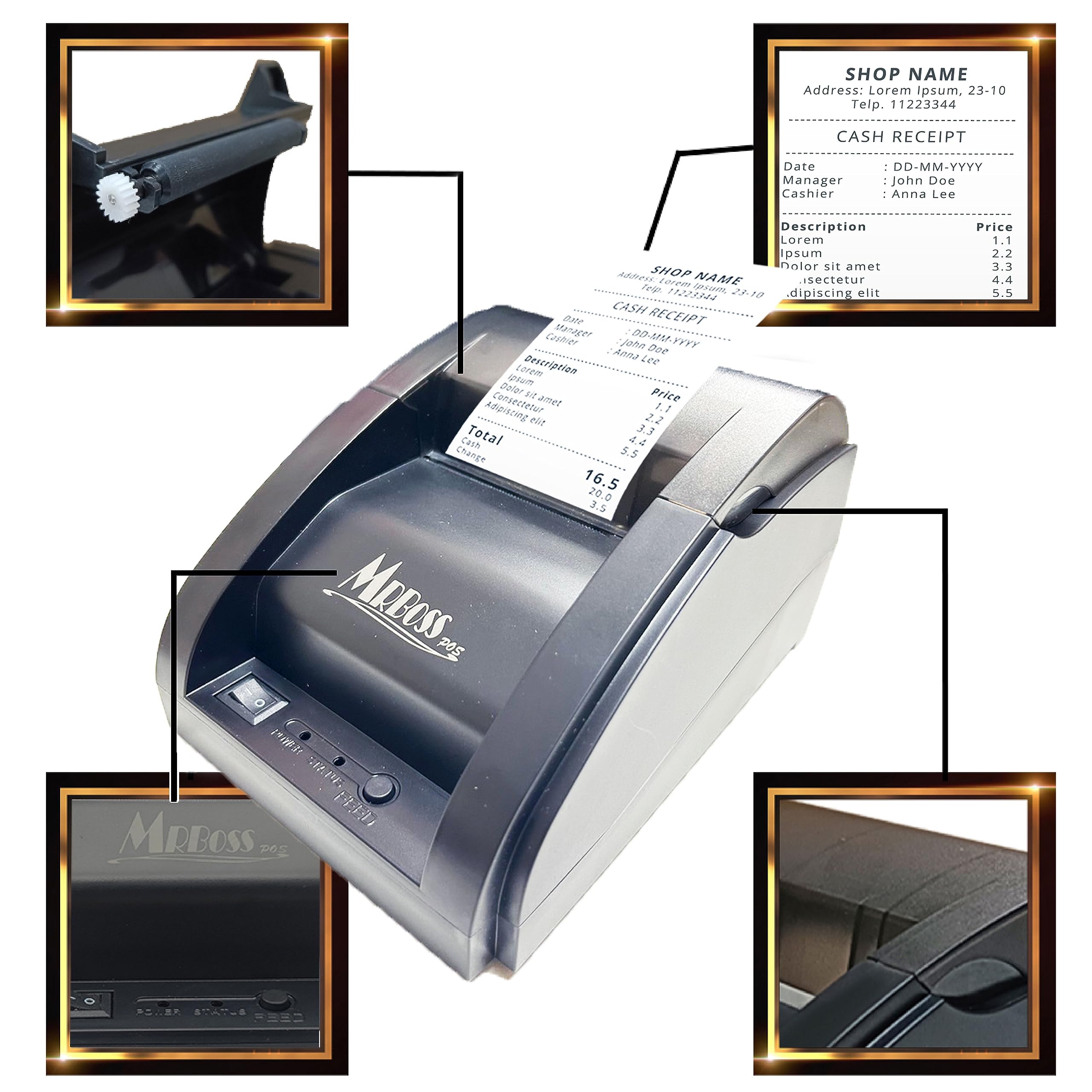 MRBOSS 2“ 58mm POS Cash Register Portable Thermal Receipt Printer with High Speed Printing USB Bluetooth Interface for Supermarket Restaurant Retail Sales Kitchen Support Windows Android MAC