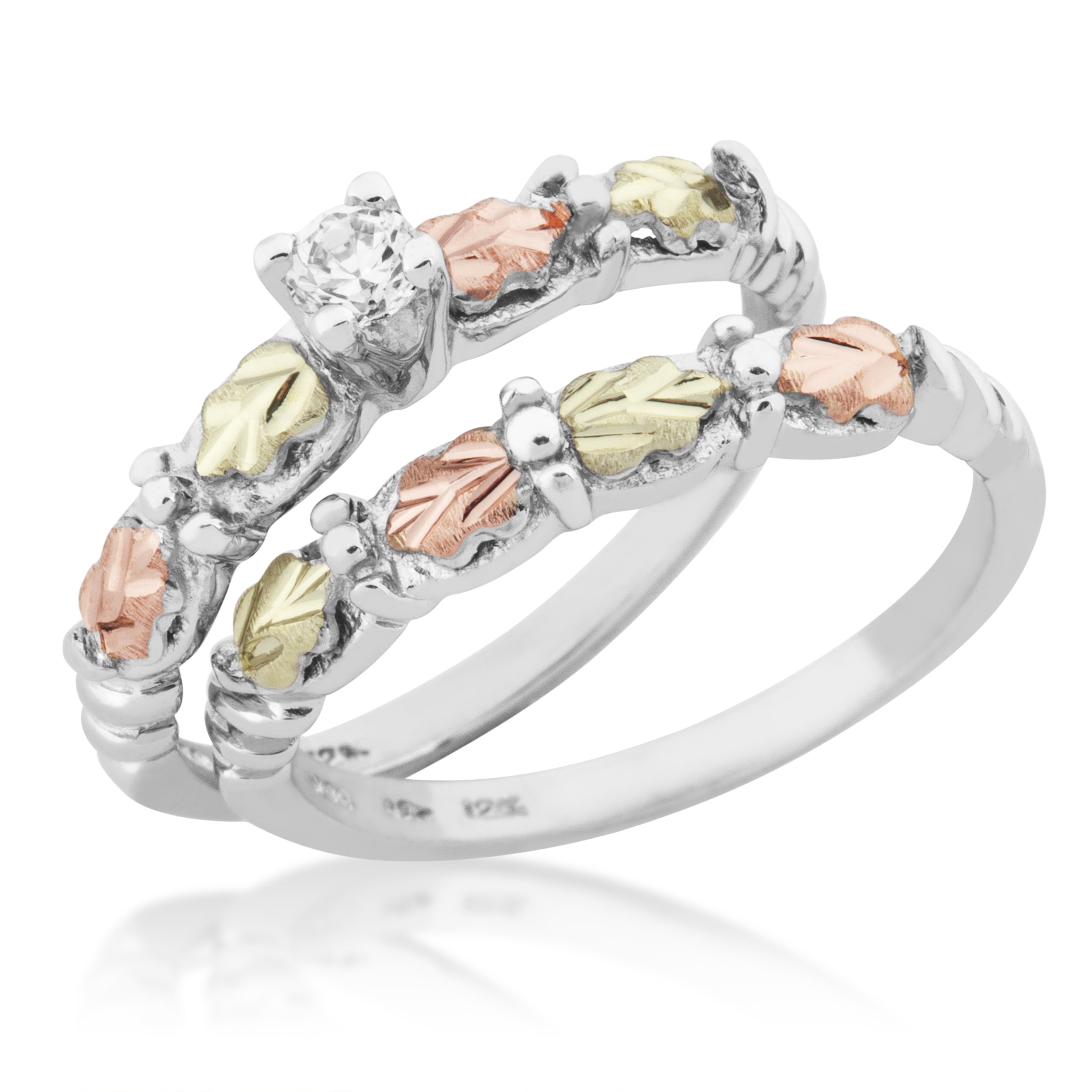 CZ Wedding and Engagement Ring Set, Sterling Silver, 12k Green and Rose Gold Black Hills Gold Motif, Size 9