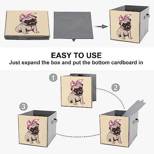 Cute Pug Dog Storage Cubes with Handles Foldable Fabric Bins Organizing Baskets for Shelves Closet