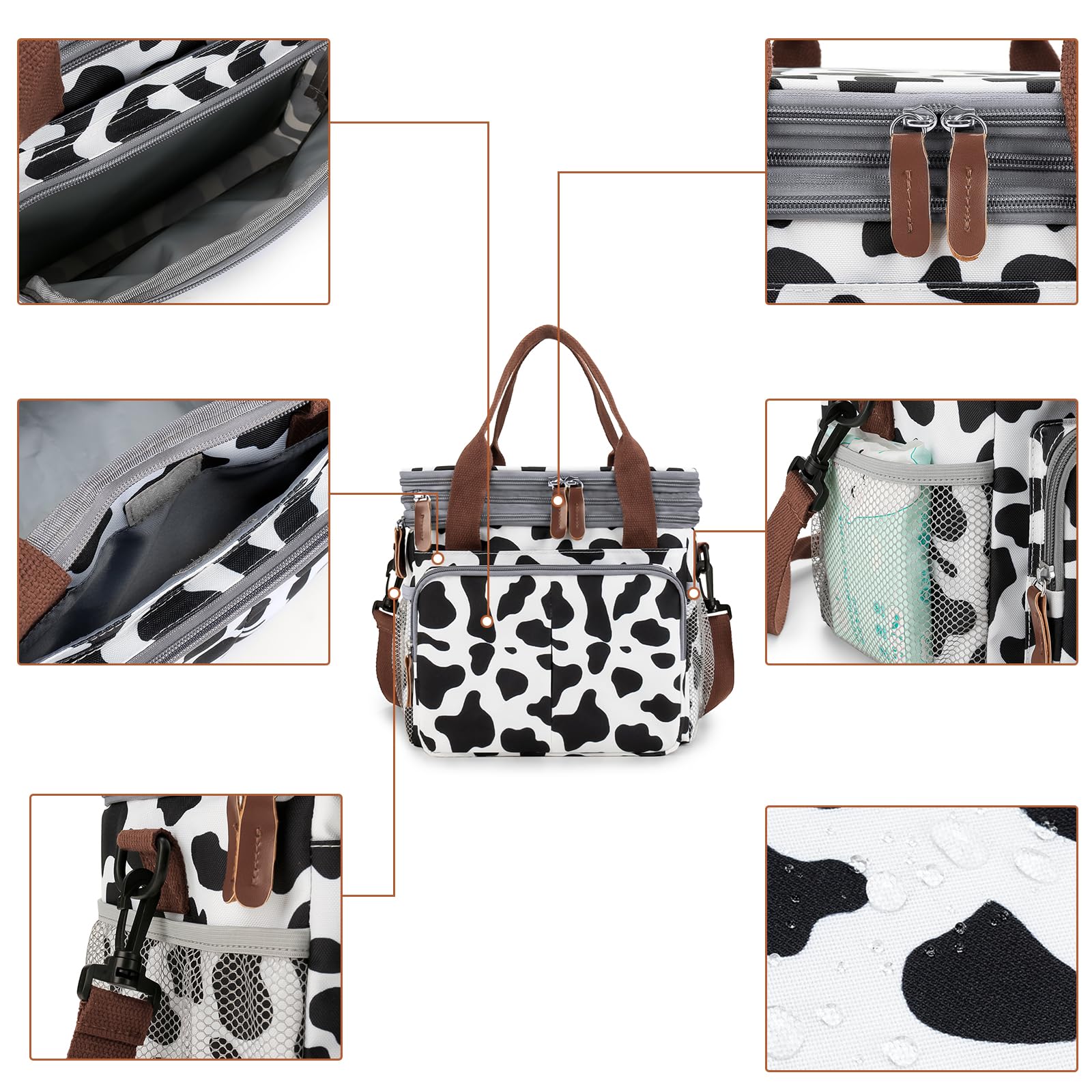 MOV COMPRA Lunch Bag for Women Men Double Deck Expandable Lunch Box,Large Lunch Bags,Leakproof Lunch Box Cooler Bag(Cow Print)