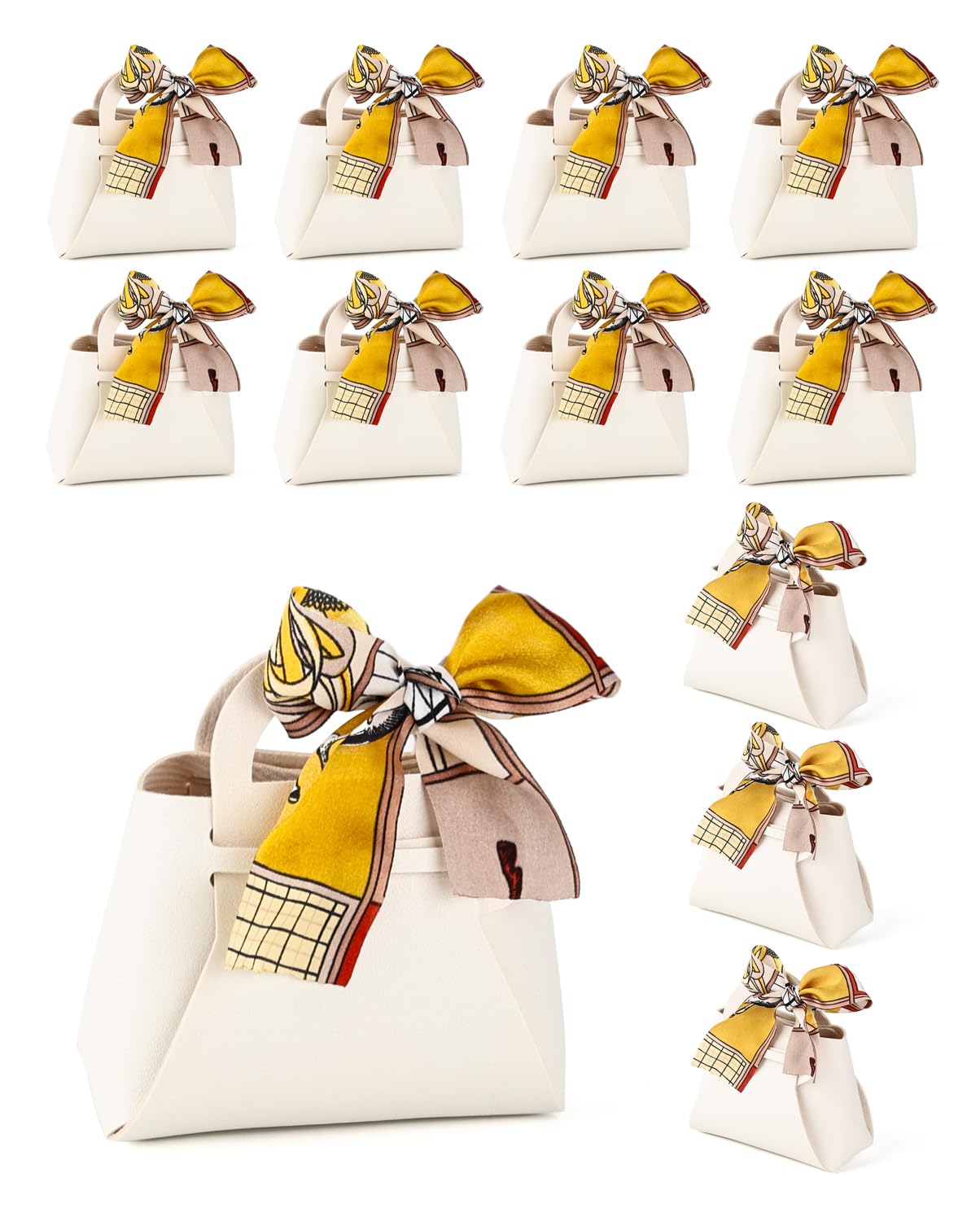 NOWDER 12 Pack Leather Wedding Candy Gift Bags with Handle Reusable Party Favor Boxes for Baby Showers Birthday Christmas Halloween (Beige)
