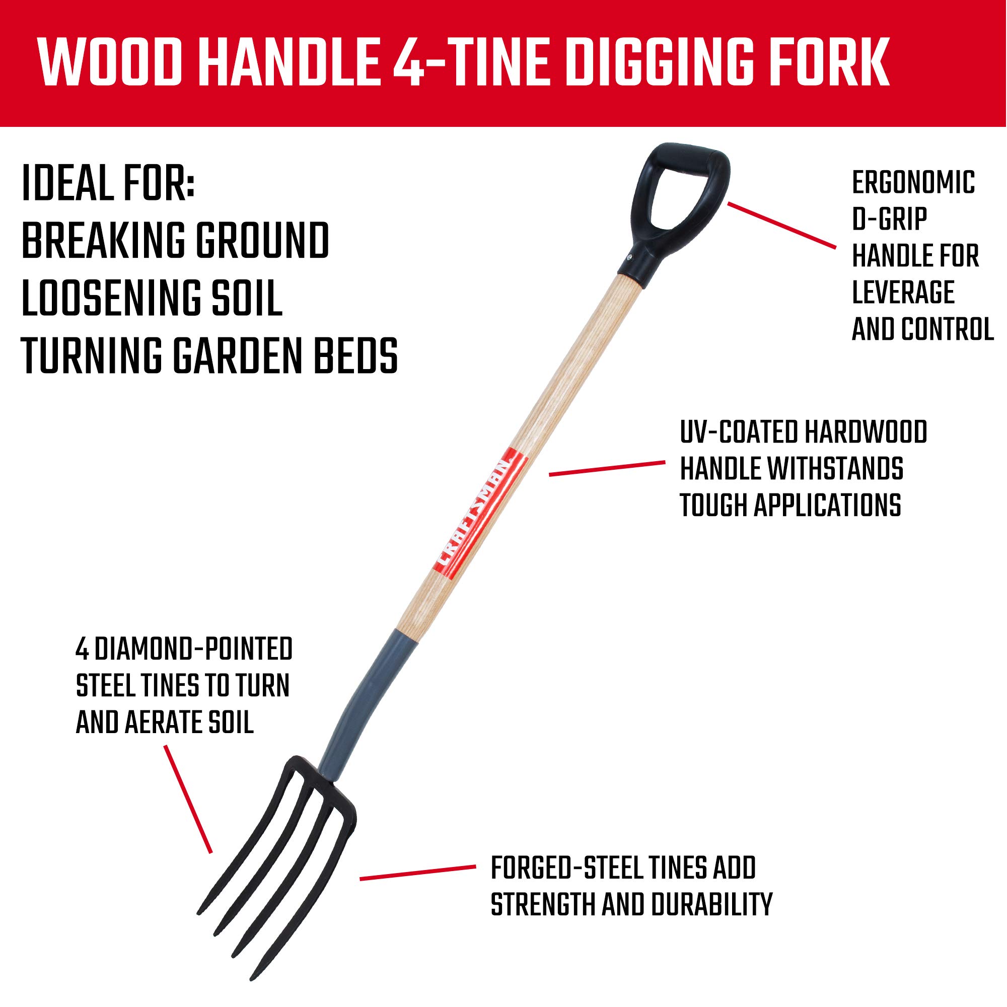 CRAFTSMAN CMXMKIT0120 3-Piece Wood Handle D-Grip Digging Tool Set with Compact Shovel, 4-Tine Fork and Round-Point Shovel