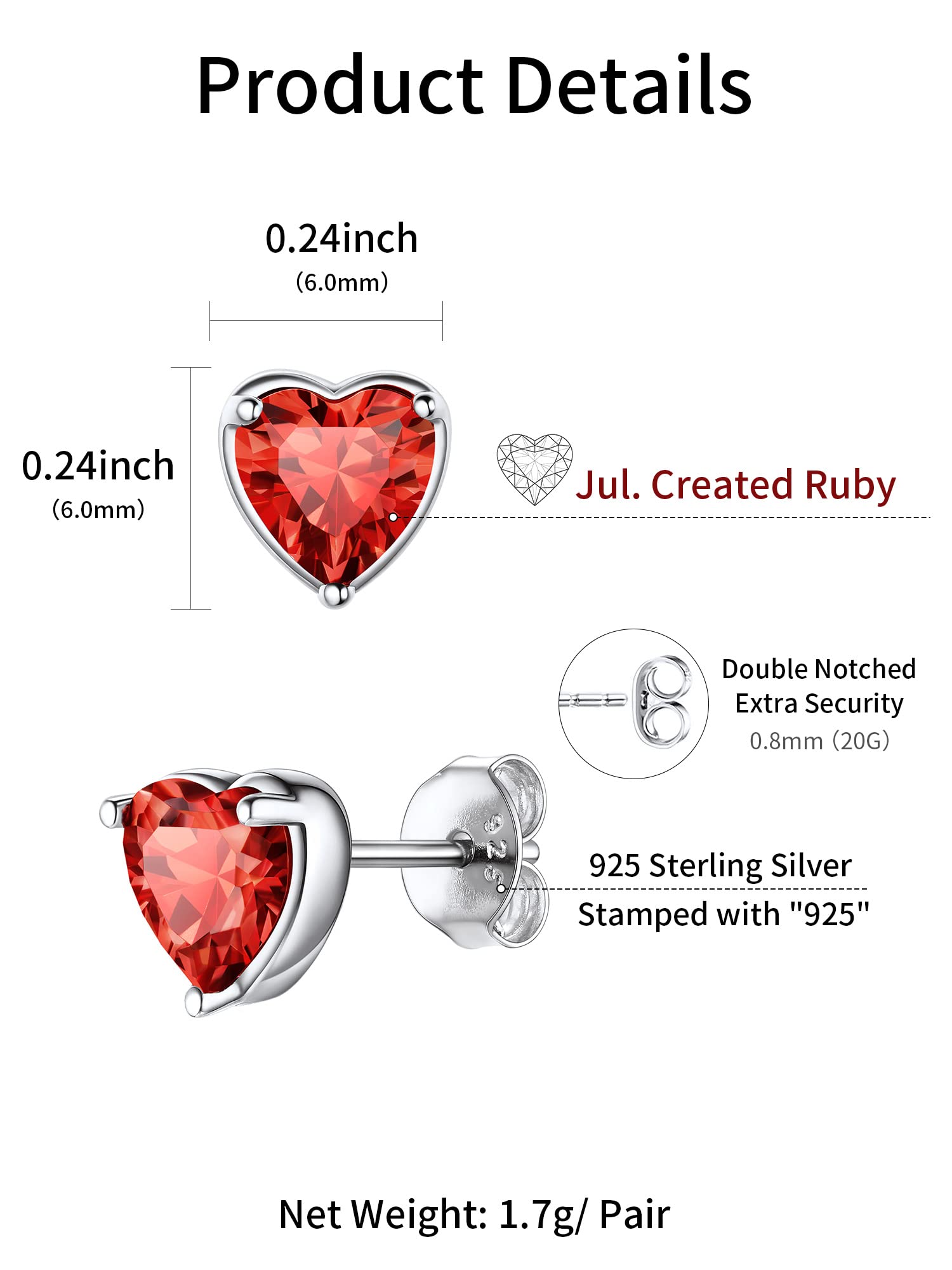Women Earrings Hypoallergenic 925 Sterling Silver Love Heart Earrings Studs Red Cubic Zirconia Ruby Gemstone July Birthstone Stud Earrings for Sensitive Ears