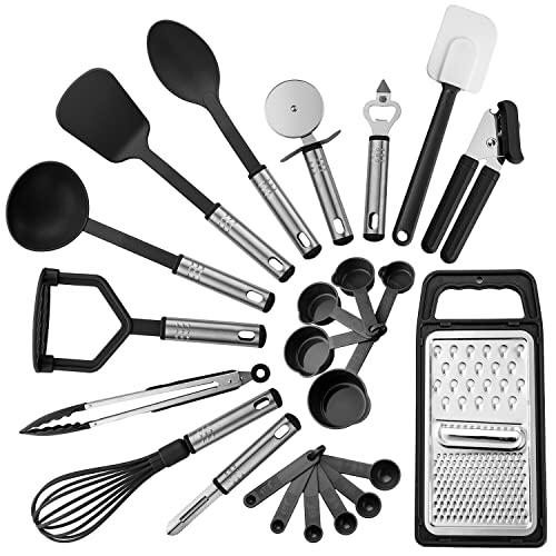 Cooking Utensil Set Stainless Steel 23 Piece Kitchen Gadget Tools Heat Resistant (Black)