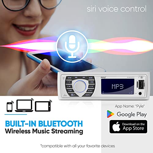 Pyle Bluetooth Marine Receiver Stereo - 12v Single DIN Style Boat In dash Radio Receiver System with Digital LCD, RCA, MP3, USB, SD, AM FM Radio - Remote Control, Wiring Harness - PLRMR23BTW (White)