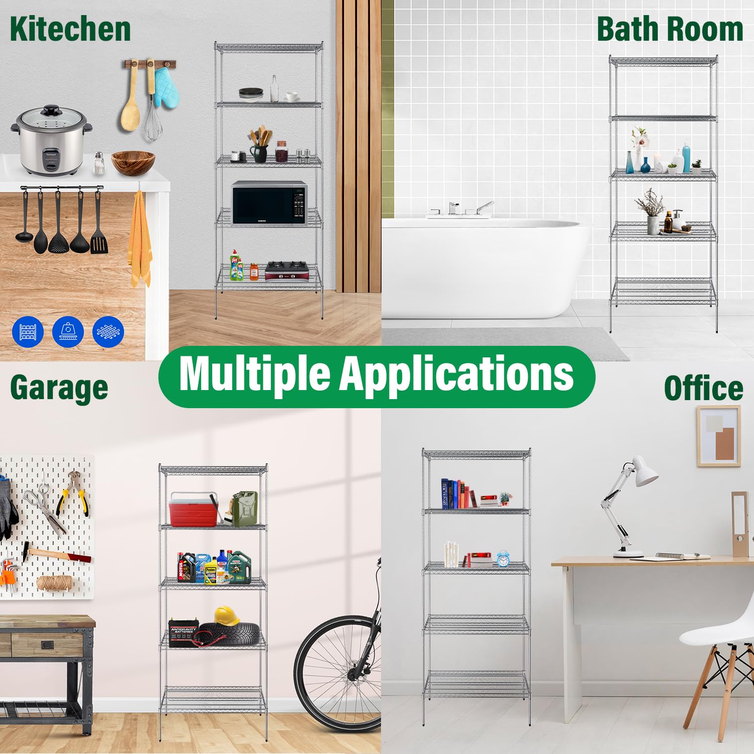 Dopinmin 5-Tire Wire Shelving Unit Household Commercial Metal Shelf NSF Heavy Duty Adjustable Utility Rolling Steel Garage Storage Shelves Metal Shelving,Chrome