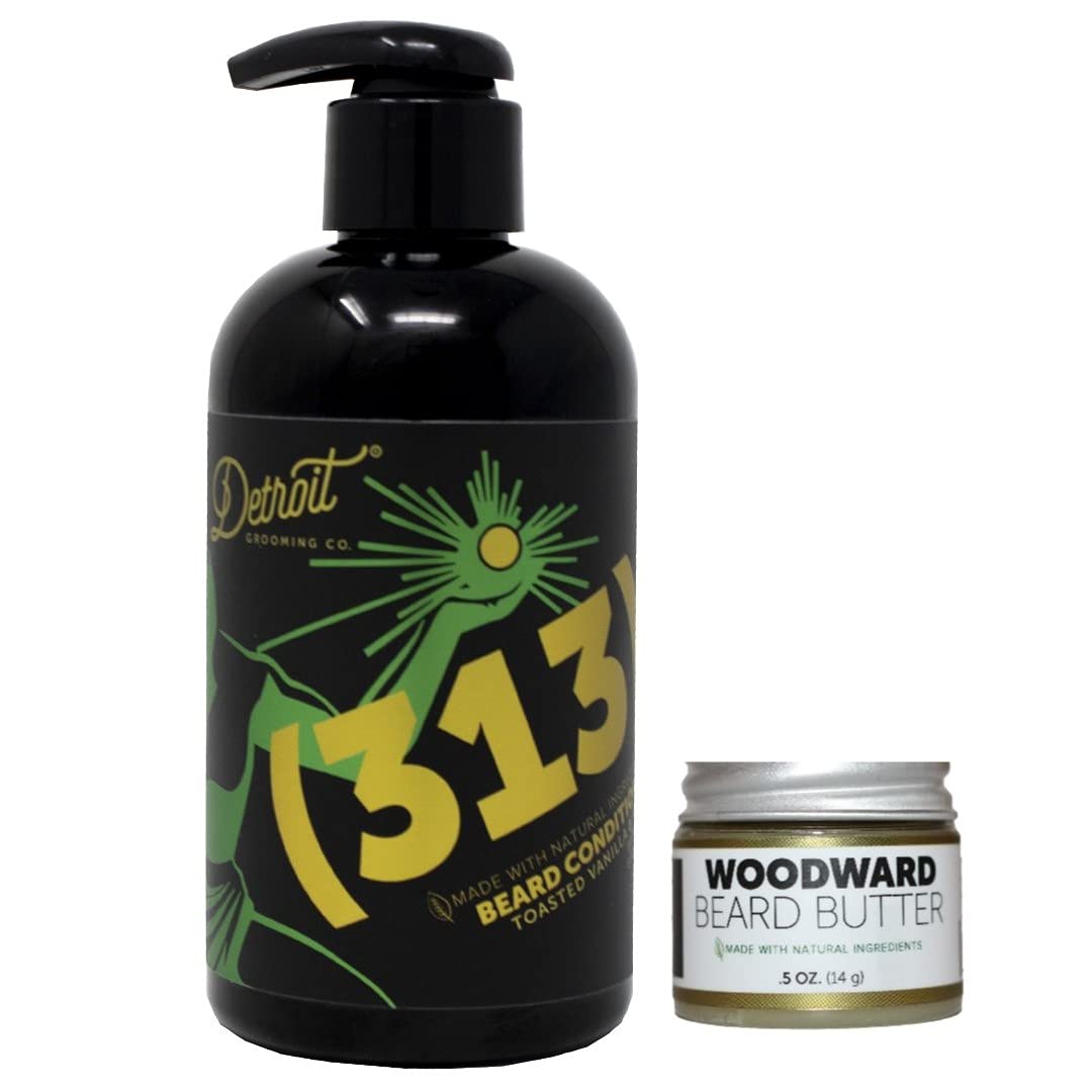 Detroit Grooming Co. Limited Release Combo - Beard Conditioner (8oz) and Woodward Beard Butter (0.5oz) - All Natural, Plant-based Conditioner with Biotin and Beard Balm to Help Healthy Beards Grow