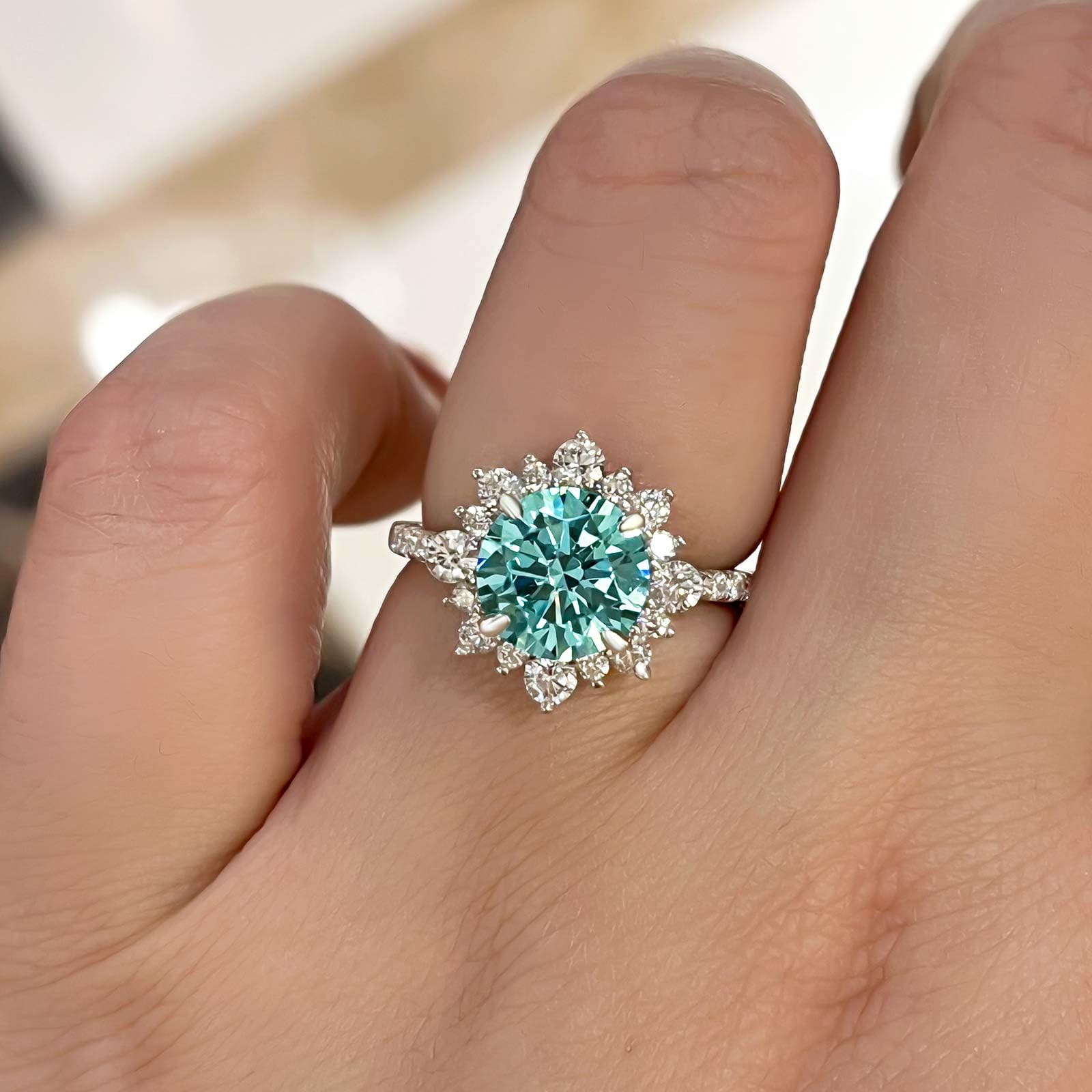 Effinny Moissanite Engagement Ring Snowflake Design Halo Round Cyan Blue Promise Ring for Her 925 Sterling Silver 18K White Gold Plated Anniversary Ring (Size : 7)
