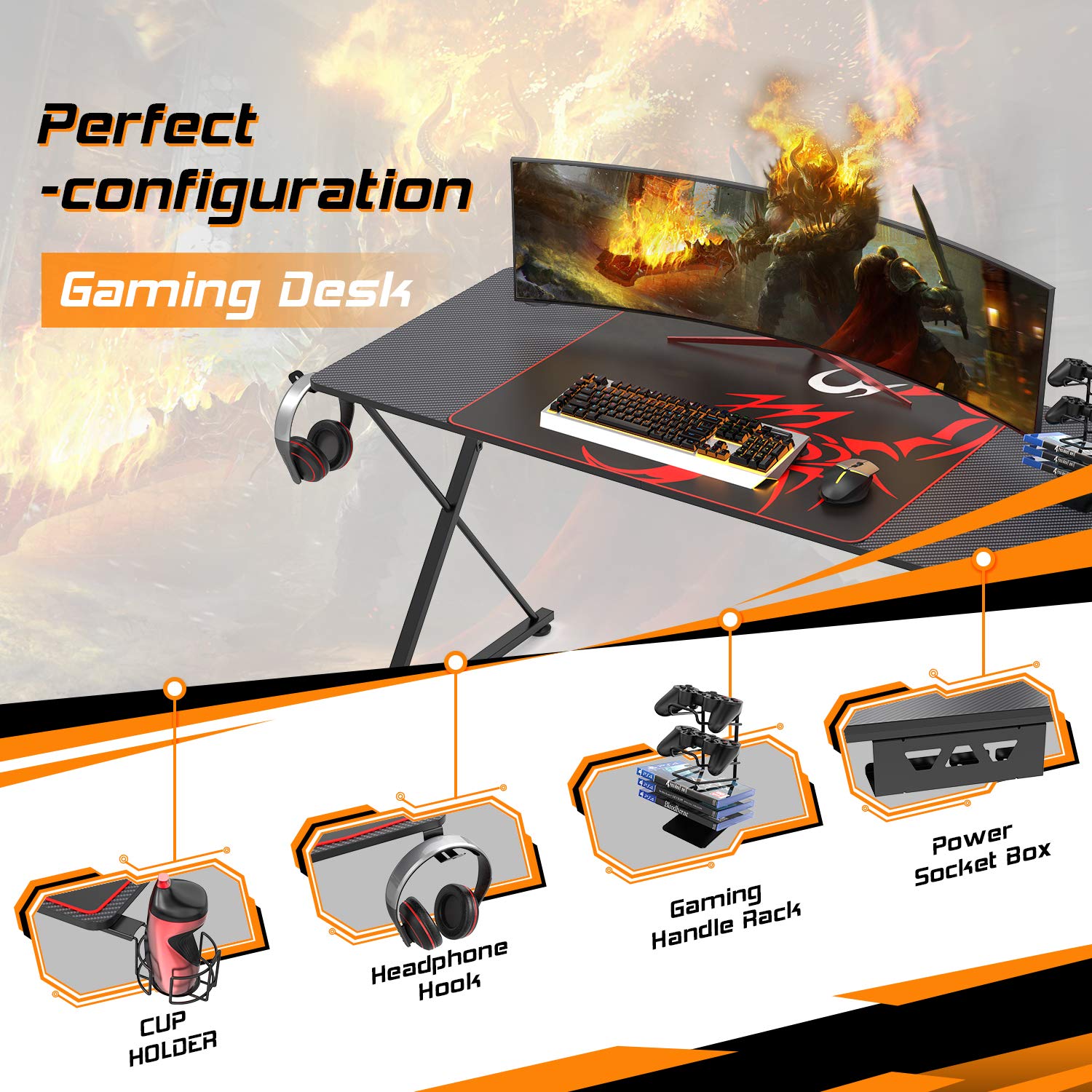 DESIGNA 55'' Gaming Desk, X-Shape Computer Desk Small Desk Gamer Workstation with Free Mouse pad, Cup Holder& Headphone Hook & Controller Stand, for Home Office, Black