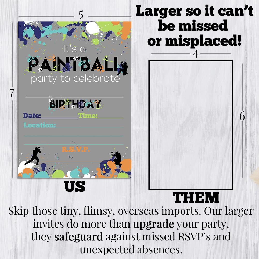 Paintball Themed Birthday Party Invitations, 20 5x7 Fill In Cards with Twenty White Envelopes by AmandaCreation