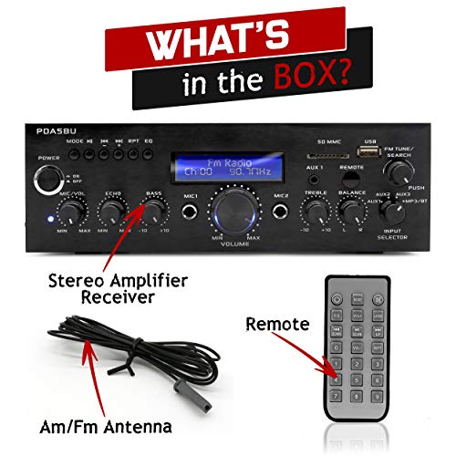 Pyle Wireless Bluetooth Power Amplifier-200 Watt Audio Stereo Receiver w/USB Port, AUX in, FM Radio, 2 Karaoke Microphone Input, Remote-Home Entertainment System, Black, 10.5" x 8.8" x 2.8" (PDA5BU)