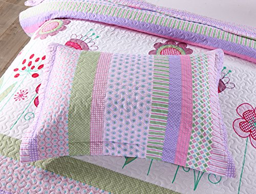 MarCielo 3 Piece Kids Bedspread Quilts Set Throw Blanket for Teens Girls Bed Printed Bedding Coverlet, Full Size, Purple Floral Striped (Full)