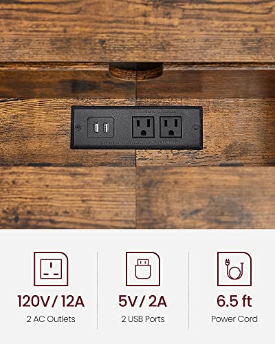 VASAGLE 70 Inch Console Table with Outlet and Shelves, Sofa Table with Hidden Charging Station, Behind Couch Table Skinny, Long Entryway Table for Hallway, Living Room, Rustic Brown and Black