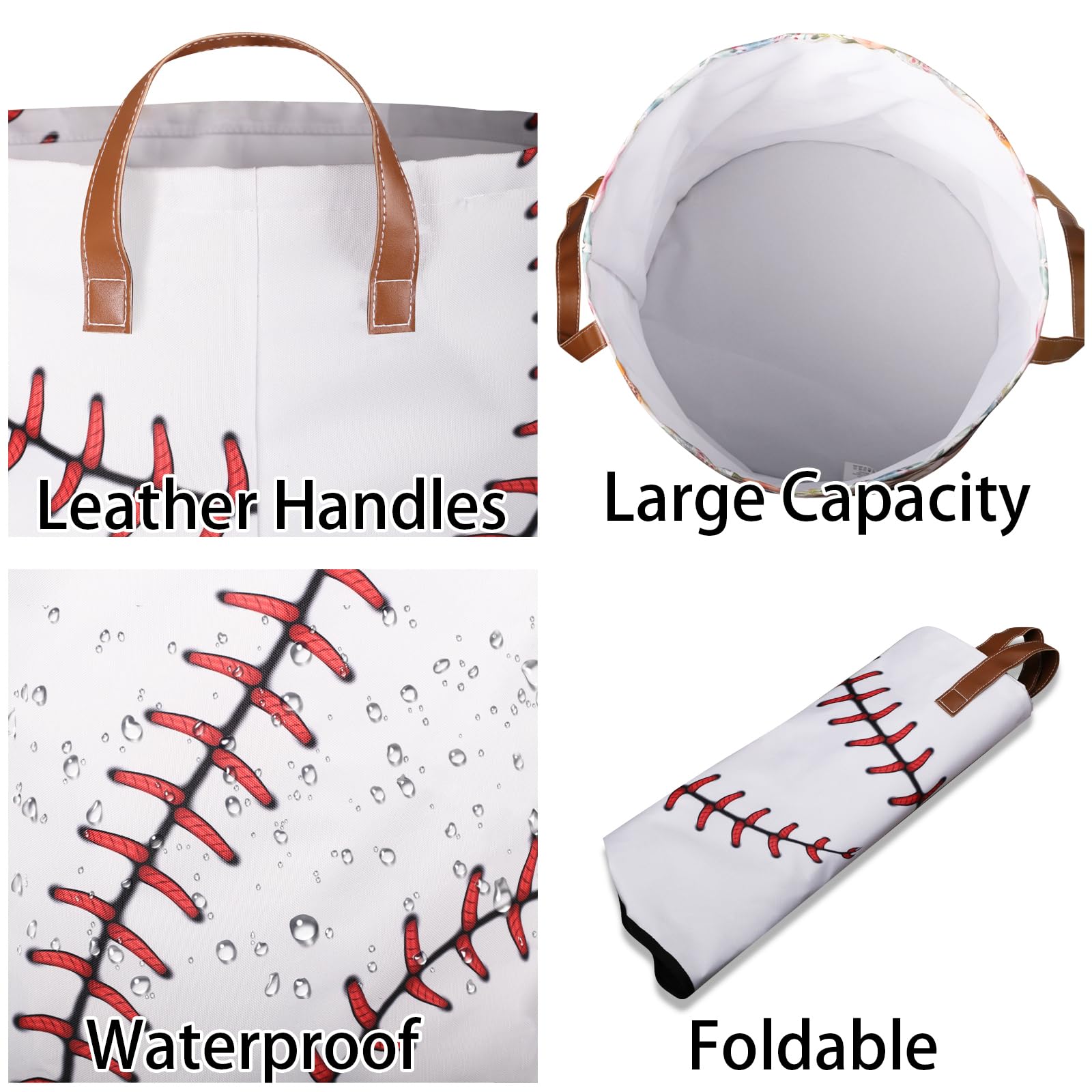 Mozaigos Baseball Texture Laundry Basket Waterproof Collapsible Laundry Hamper Tote With Handles Toy Storage Basket Organizer Dirty Clothes Hamper for College Dorm, Bathroom, Bedroom, Living Room