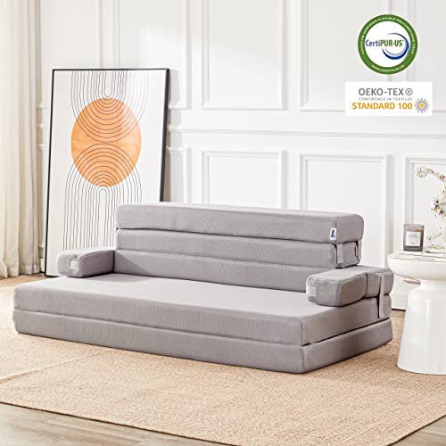 Lazyzizi Sleep 4 Inch Foldable Mattress, Portable Floor Mattress Couch with Headrest, Washable Cover, Foldable Foam Couch Full for Guest Bed, Folding Sofa Bed, Camping, Road Trip, Dark Grey
