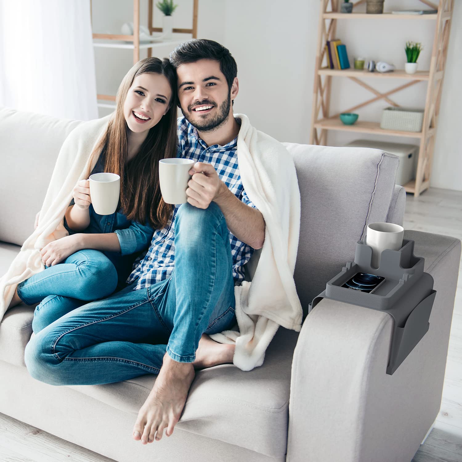Couch Cup Holder, Couch Arm Tray, Portable Couch Drink Holder Couch Accessories Suitable for Sofa Armrest (Gray)
