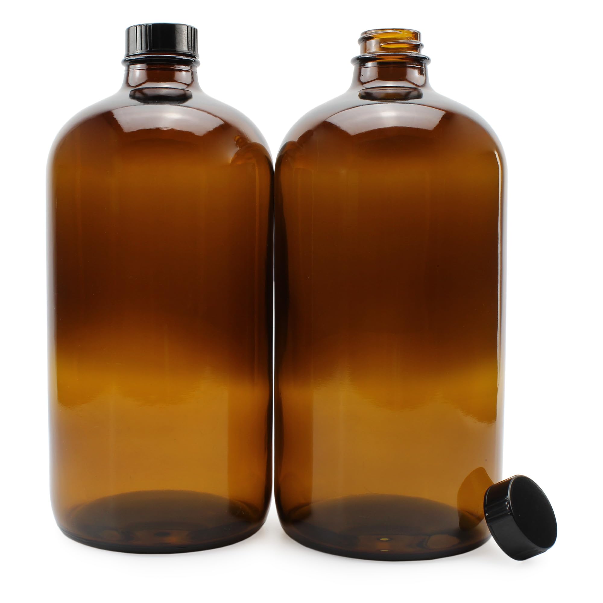 Cornucopia 32-Ounce Amber Kombucha Growler Bottles, 4-Pack, 1 Quart Boston Round Glass Bottles with 6 Polycone Phenolic Lids for Home Brewing