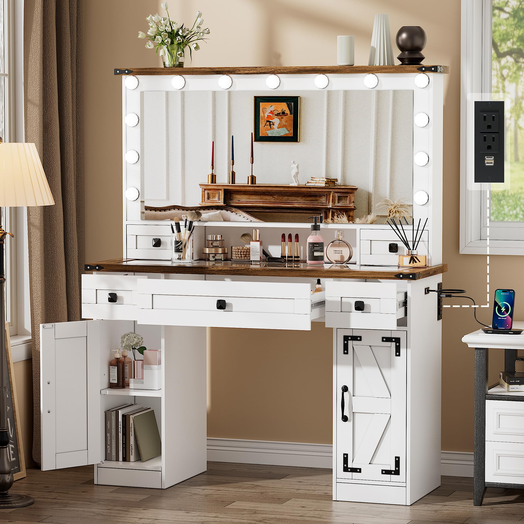 PAKASEPT Makeup Vanity Desk with Mirror and Lights, Glass Tabletop Farmhouse Vanity Table with Drawers, Charging Station, Cabinet for Bedroom,White