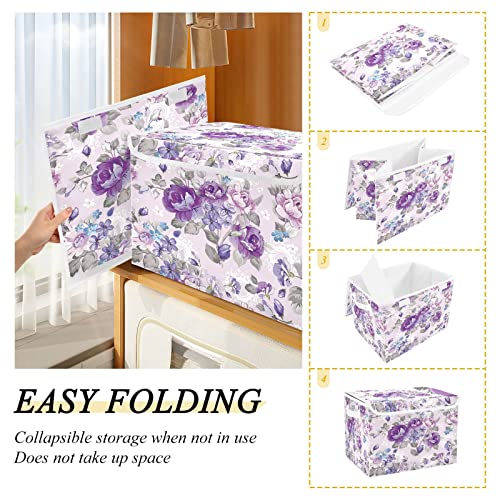 Kigai Collapsible Beautiful Purple Flowers Storage Basket with Lids and Handles,Storage Bins for Shelves Closet Bedroom,Office Storage