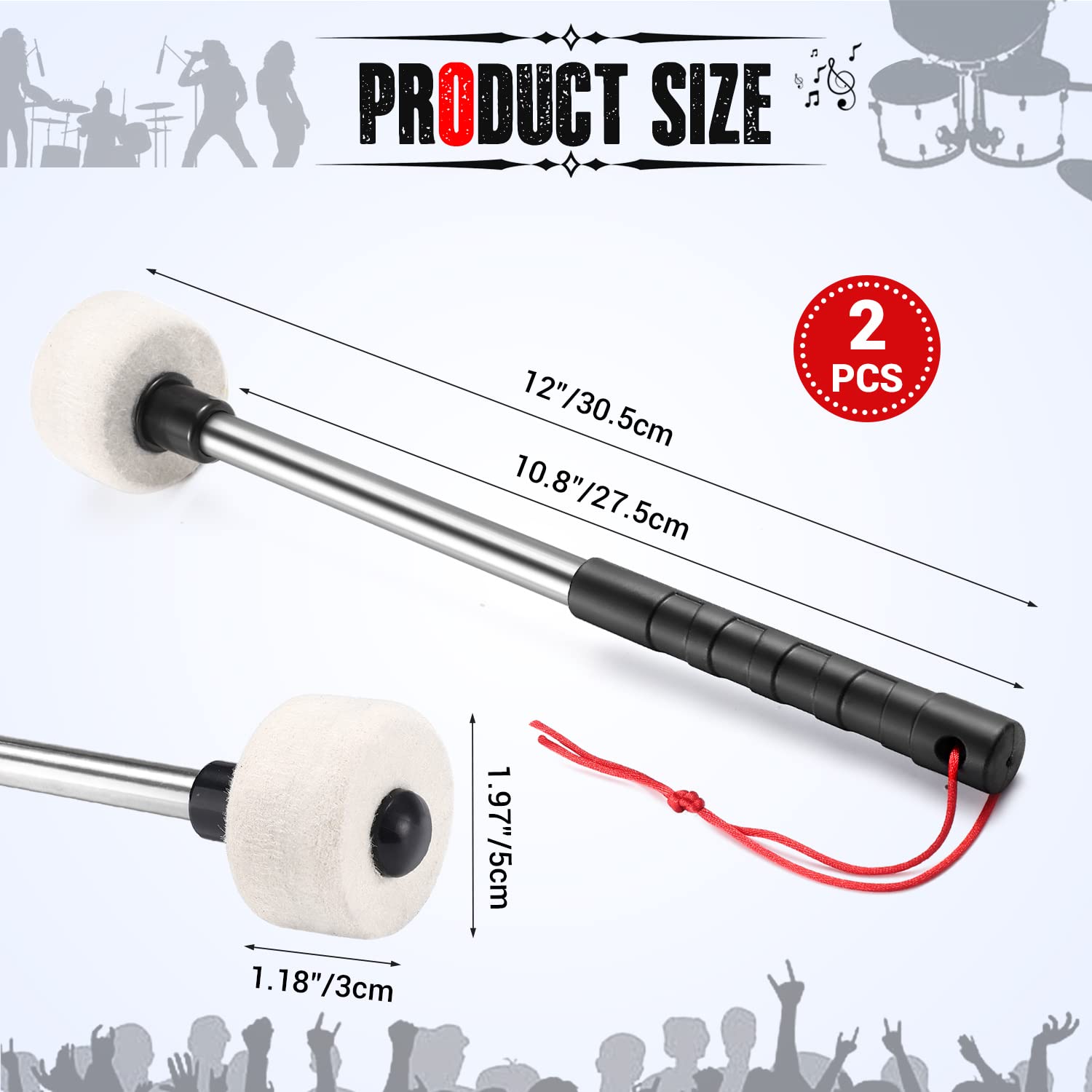 Facmogu 2PCS Felt Bass Drum Mallets, Beige White Felt Mallets Sticks with Stainless Steel Handle, Wool Felt Head Instrument Percussion Accessory for Marching Band Bass Drum