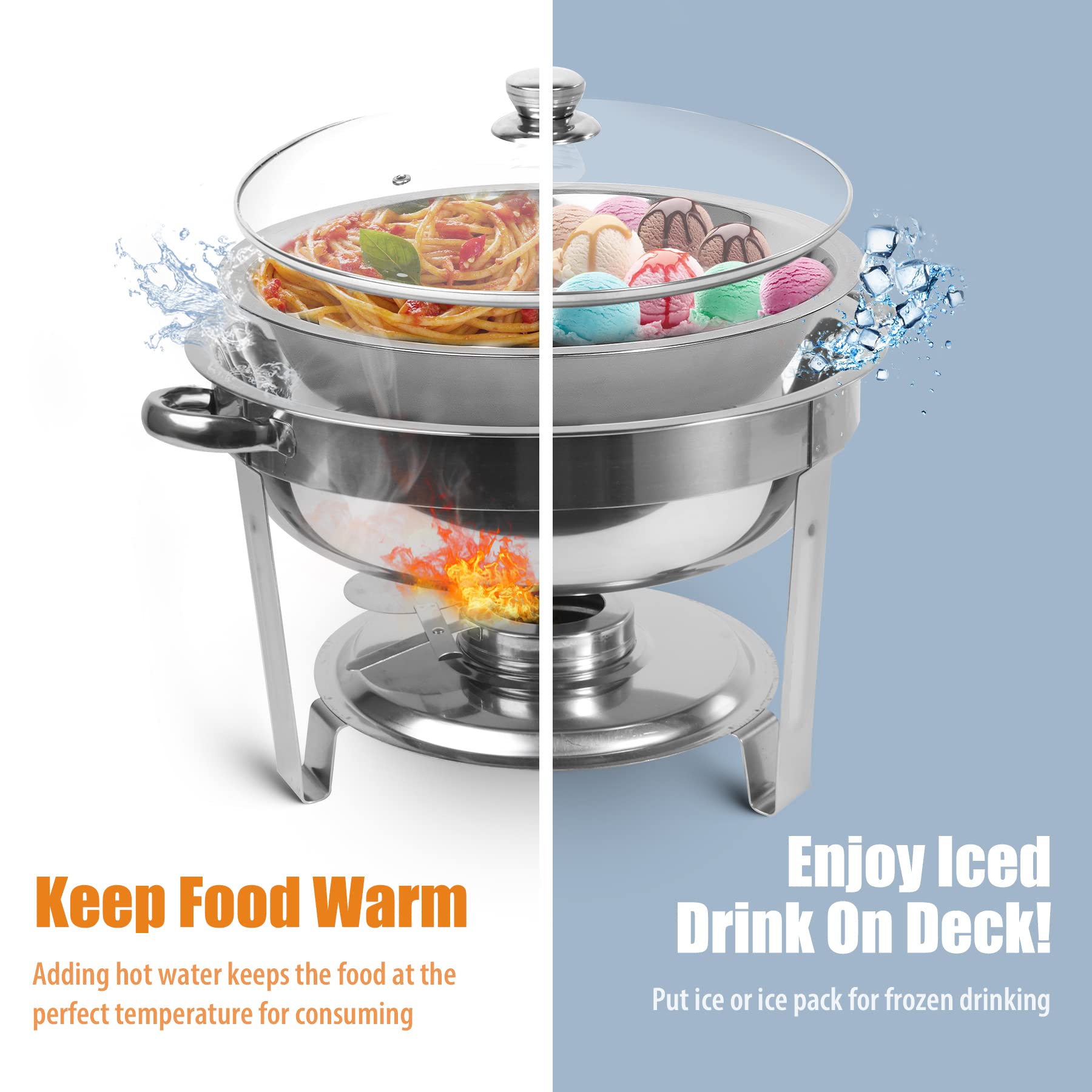 Dervipas 2 Pack 5QT Chafing Dish Buffet Set, Stainless Steel Round Chafers for Catering with Glass Viewing Lid & Lid Holder, Buffet Servers and Warmers Set for Parties Catering and Dinners