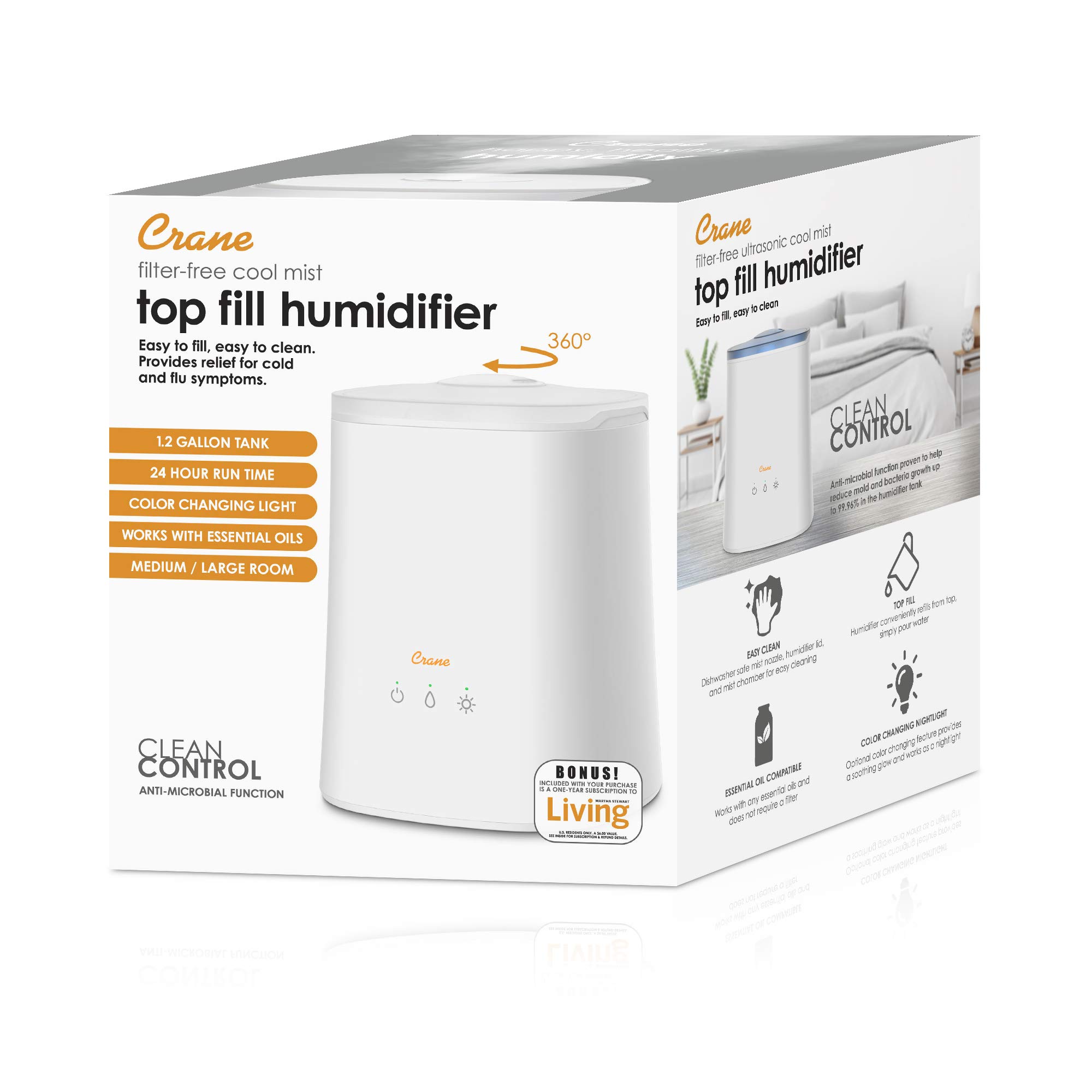 Crane Diffuser and Top Fill Ultrasonic Air Humidifiers for Bedroom and Office, 1.2 Gallon Cool Mist Humidifier for Large Room and Home, No Humidifier Filters Needed, White