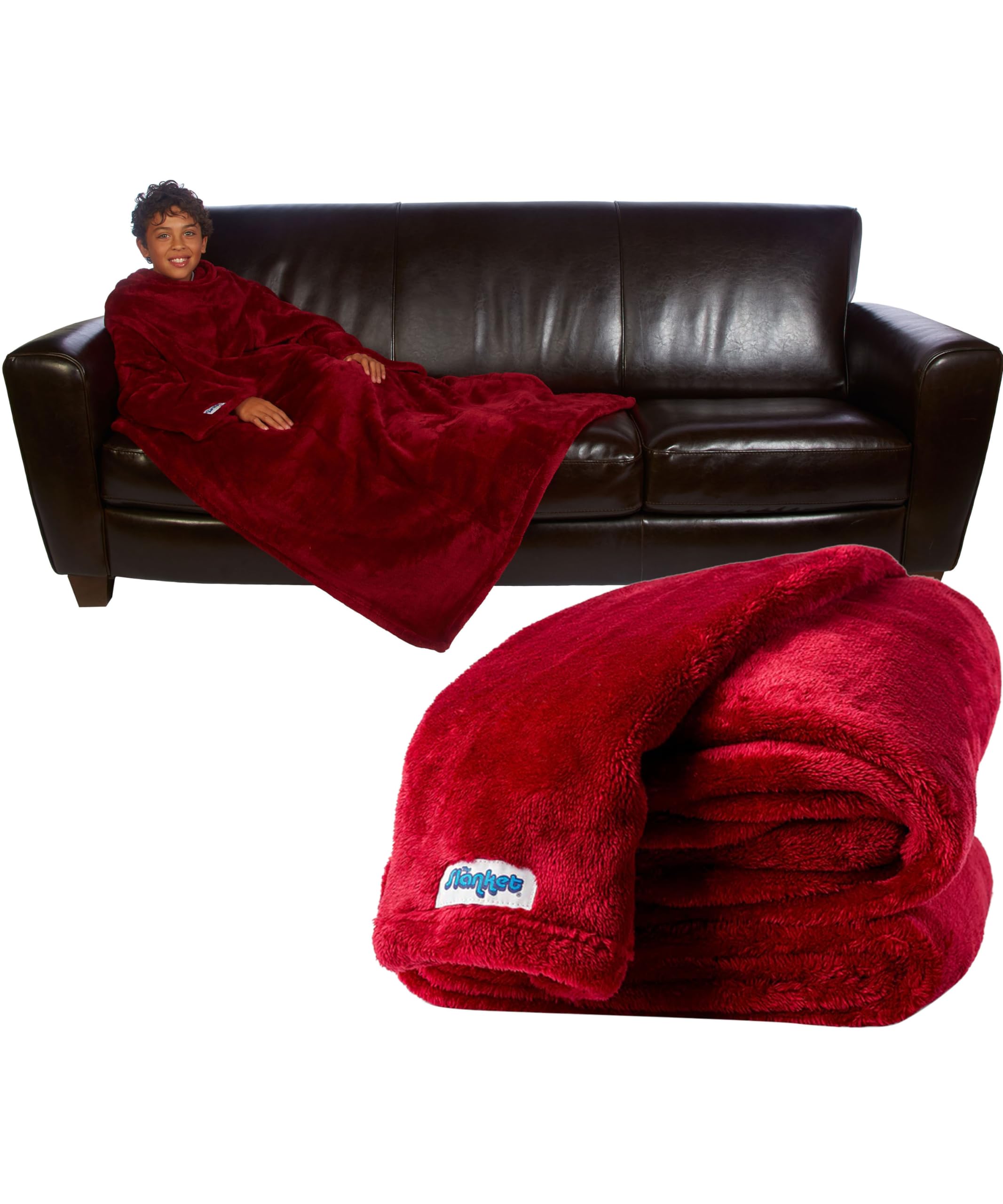 Slanket Kids Wearable Blanket with Sleeves - The Ultimate Kids Oversized Fleece Blanket with Foot Pocket - Lightweight, Plush, & Soft Plus Sized Wearable Blanket for Kids - 44”W x 60”L, Ruby Wine